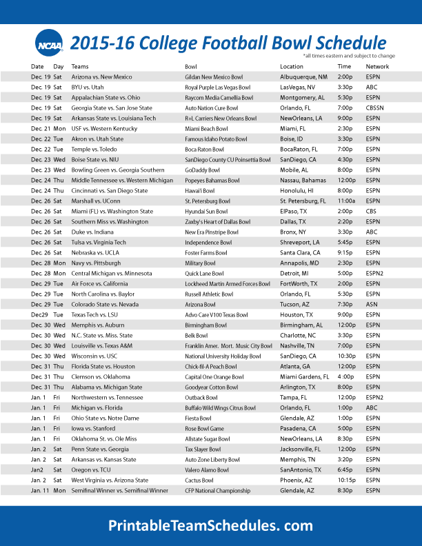 Bowl Game Printable Schedule